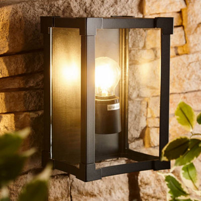 Biard Glass & Black Aluminium Square Flush Outdoor Wall Light - Black | DIY at B&Q