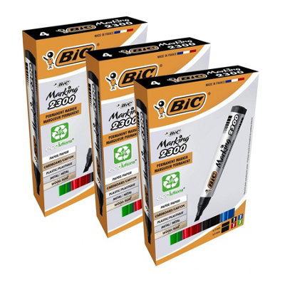 Bic 2300 Bullet Tip Permanent Marker Black, Blue, Red, Green) 3 Markers
