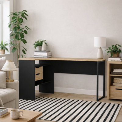 Billabong L-Shaped Corner Desk - Black Matt and Natural Oak, 2 Drawers ...