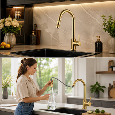 Billtix Brushed Gold Pull-Out Kitchen Mixer Tap 360 Swivel Spout Sink ...