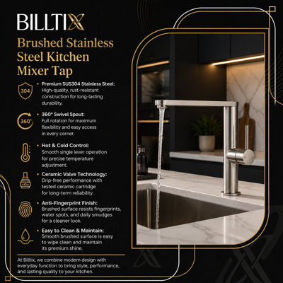 BILLTIX Brushed Nickel Kitchen Sink Mixer Tap 1 Hole, 360 Swivel ...