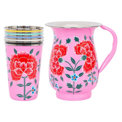 BillyCan Hand-Painted Picnic Water Jug with 400ml Multicolour Cups - 1 ...