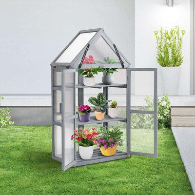 Birchtree Outdoor Large Grey Wooden Frame Greenhouse Plants Openable ...