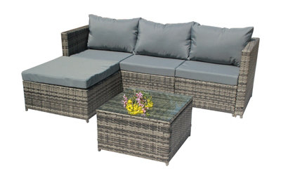Birchtree PE Rattan Garden Furniture Set L Shape Corner Sofa Chair Glass Coffee Table Ottoman 3 Seater Cushion Outdoor Patio Grey