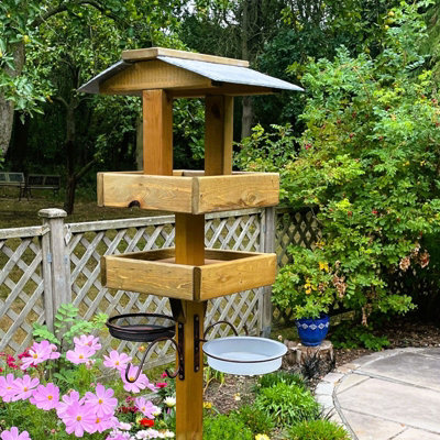 Bird Table Double Wooden Tables with Metal Feeding Station Heavy Duty 1.6m