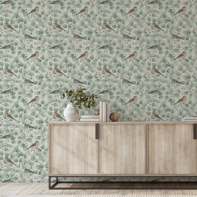 Birds & Blossoms Green Wallpaper | DIY at B&Q