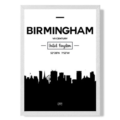 Birmingham Black and White City Skyline Poster with Hanger / 33cm / White