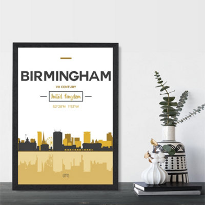 Birmingham Yellow and Black City Skyline Medium Poster with Black Hanger