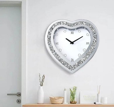 Biznest Heart-Shaped Crystal Mirrored Wall Mounted Clock Silver Crushed ...