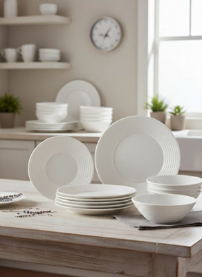 Biznest Ribbed Edge 12 Piece White Dinner Set Opal Glass 4X Dinner ...