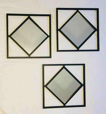 Biznest Set Of 3 Square Diamond Shape Frame Black Wall Art Mirror ...