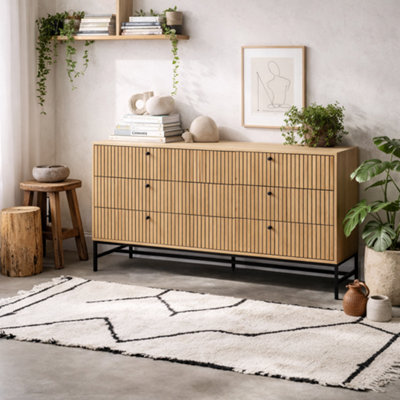 Bjork Natural Oak Wide 6-Drawer Chest with Black Steel Base