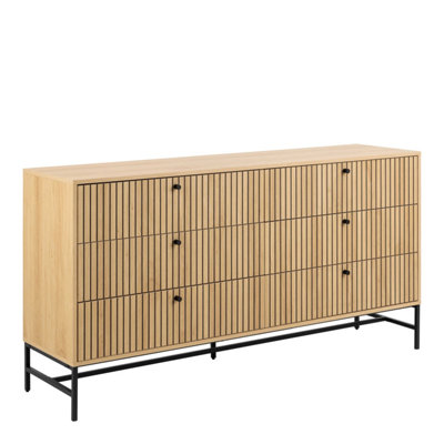Bjork Natural Oak Wide 6-Drawer Chest with Black Steel Base