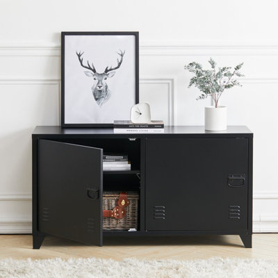 Black 2 Doors Adjustable Shelves Metal File Cabinet Tv Stand Side ...