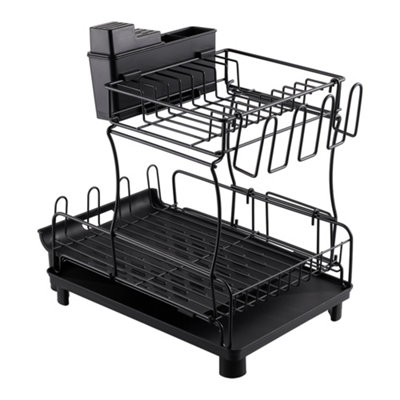 Black 2-Tier Dish Drainer with Rotatable Drainage Pipe Retractable ...