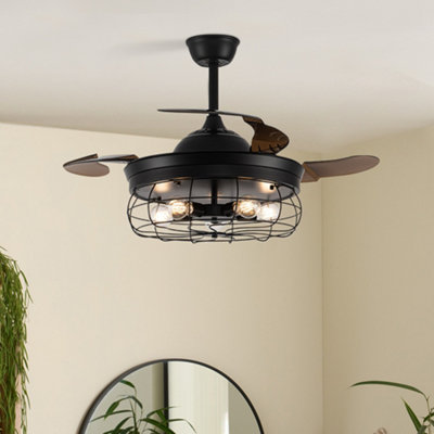 Black 3 Blade Caged Farmhouse Style Ceiling Fan Light with Remote ...
