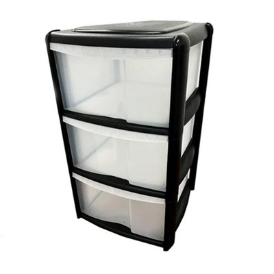 Black 3 Storage Tower Unit With Clear Spacious Drawers For Home Office ...
