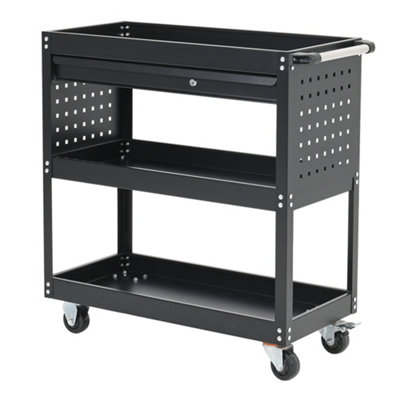 Black 3-Tier Metal Rolling Tool Trolley with Lockable Drawer for Workshops