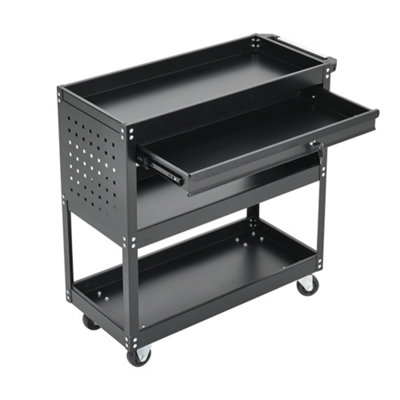 Black 3-Tier Metal Rolling Tool Trolley with Lockable Drawer for Workshops