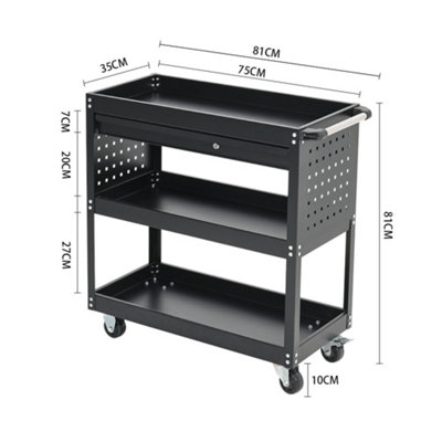 Black 3-Tier Metal Rolling Tool Trolley with Lockable Drawer for Workshops