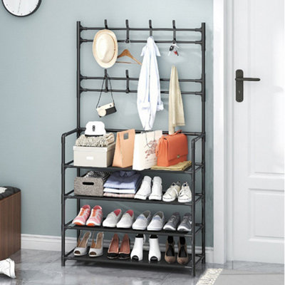 Black 4-Tier Freestanding Coat Rack with Storage Shelves 80cm (W) x ...