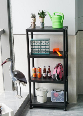 Black 4 Tier Plastic Shelving Unit Storage Racking Shelves Garage ...