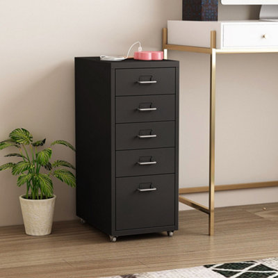 Black 5 Drawer Chest Metal Movable Office Storage File Cabinet ...