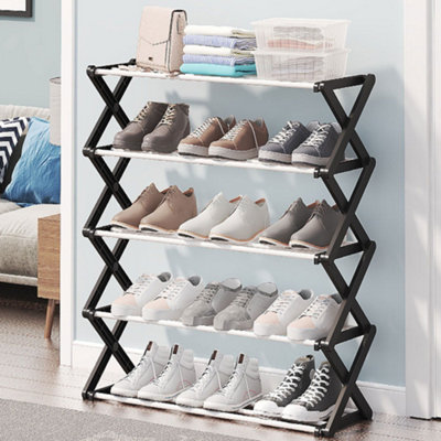 Black 5 Tier Foldable Narrow Space Saving Metal Shoe Rack Shoe Storage for 15 Pairs Shoe