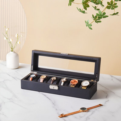 Black 6-Slot Luxury Waterproof Watch Display Case with Glass Lid, PU ...