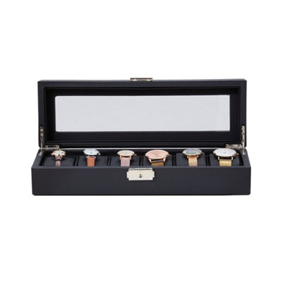 Black 6-Slot Luxury Waterproof Watch Display Case with Glass Lid, PU ...