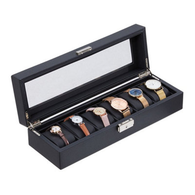 Black 6-Slot Luxury Waterproof Watch Display Case with Glass Lid, PU ...
