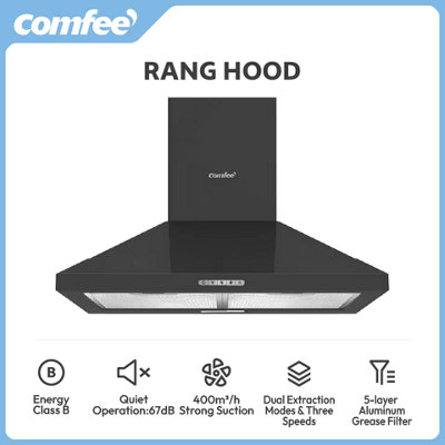 Black 90CM Wall Range Hood 3 Speed Extractor with LED and Dual Venting ...