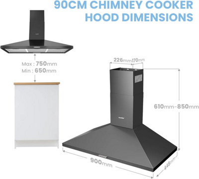 Black 90CM Wall Range Hood 3 Speed Extractor with LED and Dual Venting ...