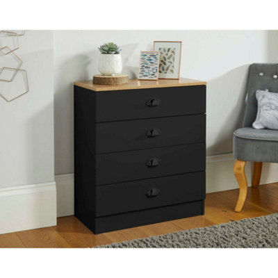 Black and Oak Effect Four Drawer Chest of Drawers