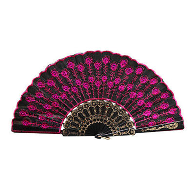 Black and Pink Spanish Lace Silk Folding Hand Fan Stylish Decorative Fan