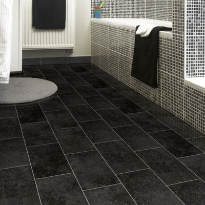 Black Anti-Slip Tile Effect Vinyl Flooring For LivingRoom, Kitchen, 2 ...