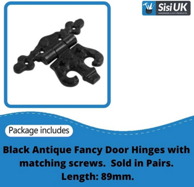 Black Antique Style Door Hinges 89mm Fancy Rustic Ornate Unequal ...
