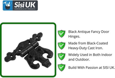 Black Antique Style Door Hinges 89mm Fancy Rustic Ornate Unequal ...
