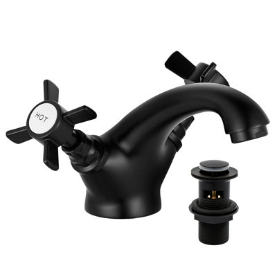 Black Bathroom Basin Mixer Tap with Traditional Victorian Cross Handle ...