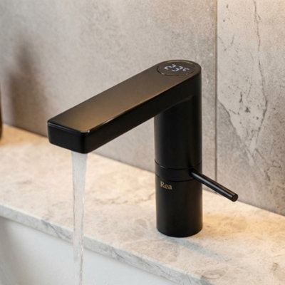 Black Bathroom Kitchen Sink LCD Temperature Indicator Standing Mixer Tap