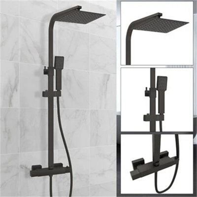 Black Bathroom Thermostatic Exposed Shower Mixer Twin head Square Bar Set