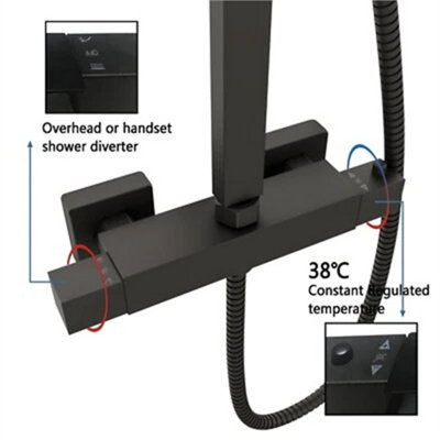 Black Bathroom Thermostatic Exposed Shower Mixer Twin head Square Bar Set