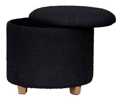 Black Boucle Teddy Storage Box Upholstered Pouffe Storage Bench Stool