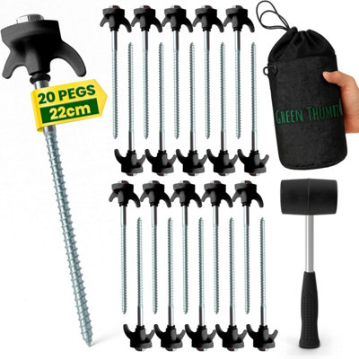 Black Camping Tent Peg Set w/ 20 Heavy Duty Pegs, Storage Bag, Rubber ...