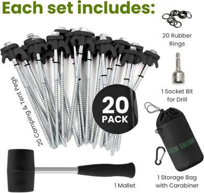 Black Camping Tent Peg Set w/ 20 Heavy Duty Pegs, Storage Bag, Rubber ...