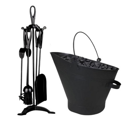 Black Coal Bucket with 5-Piece Cast Iron Loop Design Fireplace ...