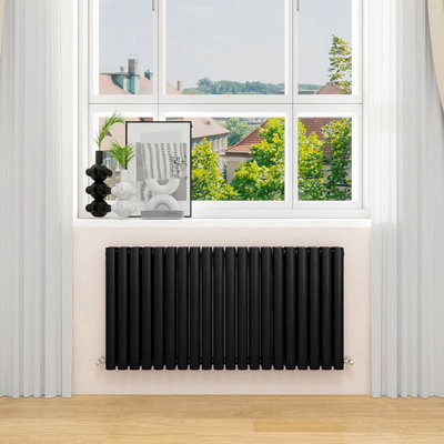 Black Designer Radiator Horizontal Oval Column Double Panel Rad 600x1180mm