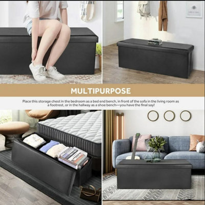 Black Double Folding Ottoman Storage Box Pouffe Seat Stool Home Chair ...