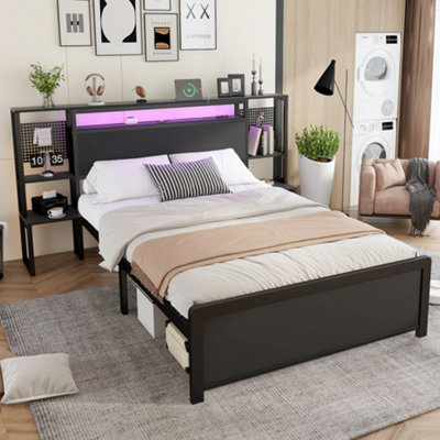 Black Double Metal Bed Frame with Smart LED Lights, USB Charging Ports ...