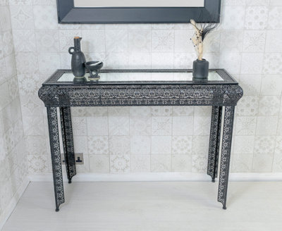 Black Embossed Metal Mirrored Glass Console Table